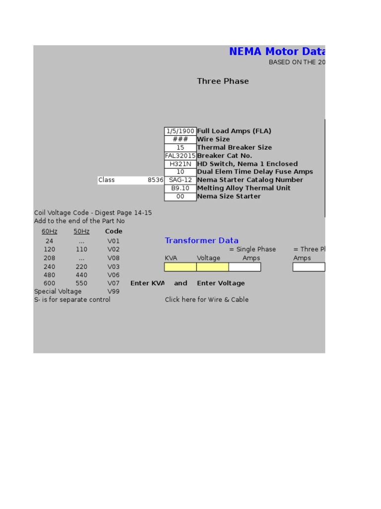 Nema Motor Data Calculator | PDF | Equipment | Electrical Engineering