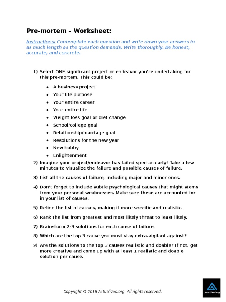 Premortem Worksheet | PDF | Career & Growth