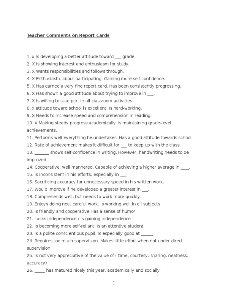 Teacher Comments for Student Progress | PDF | Reading Comprehension ...