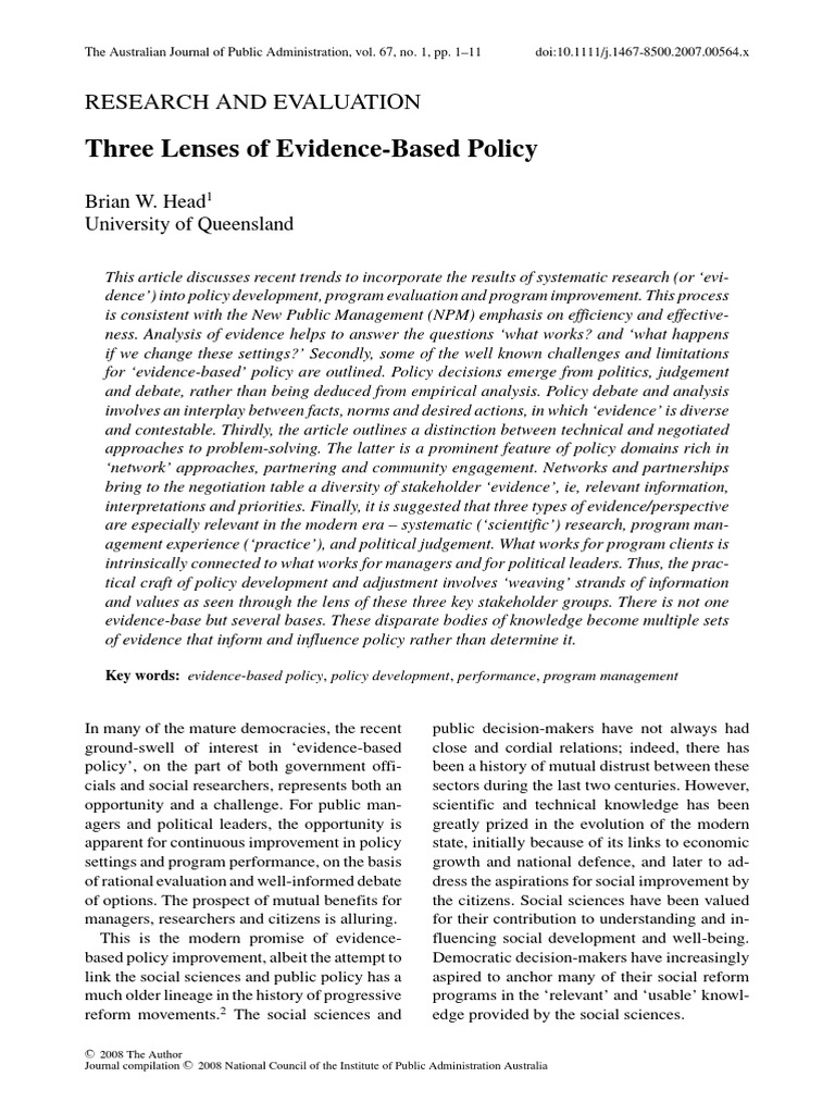 Head The Three Lenses of Evidence Based Policy PDF | PDF | Evidence Based Medicine | Program ...