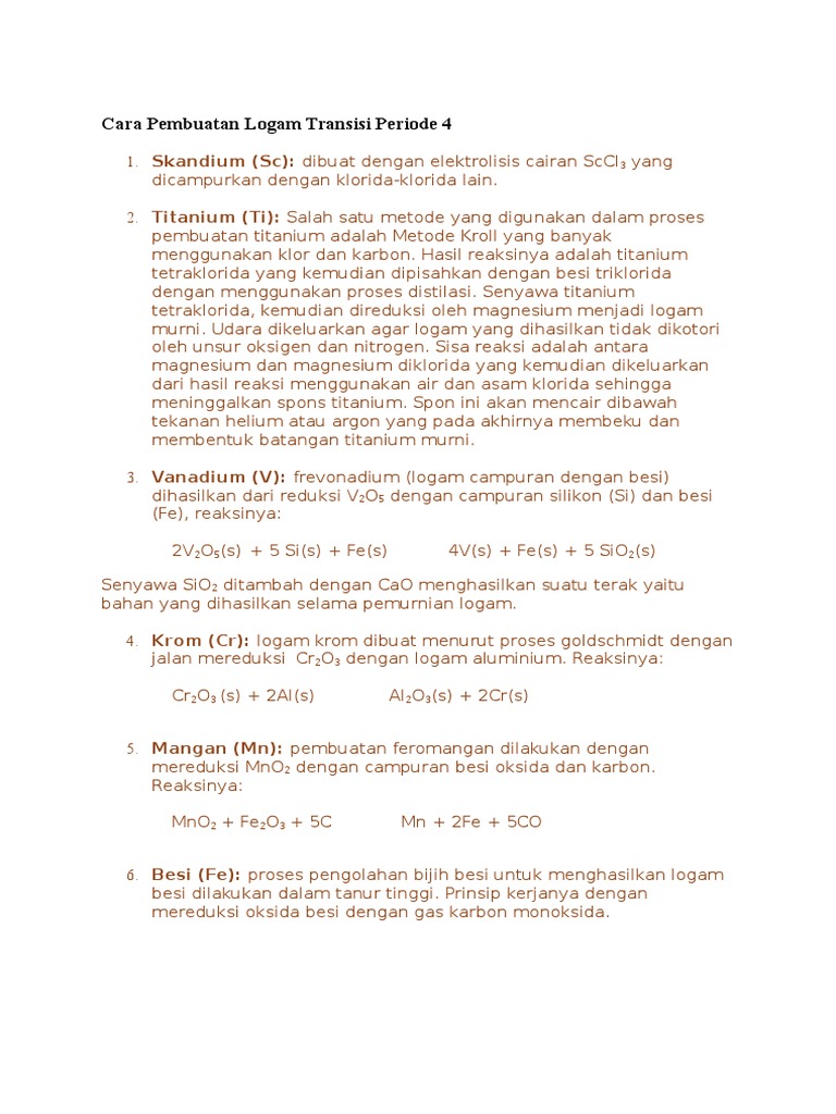 Cara Pembuatan Logam Transisi Periode 4 | PDF