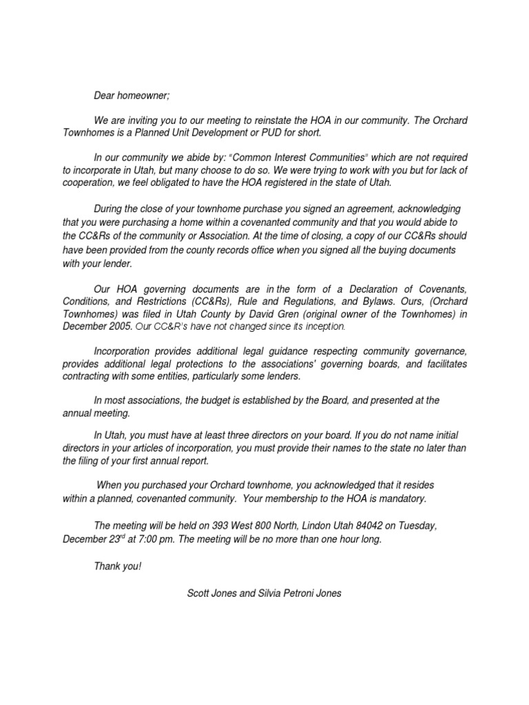 hoa invitation letter 12-20-14 | Covenant (Law) | Common Law