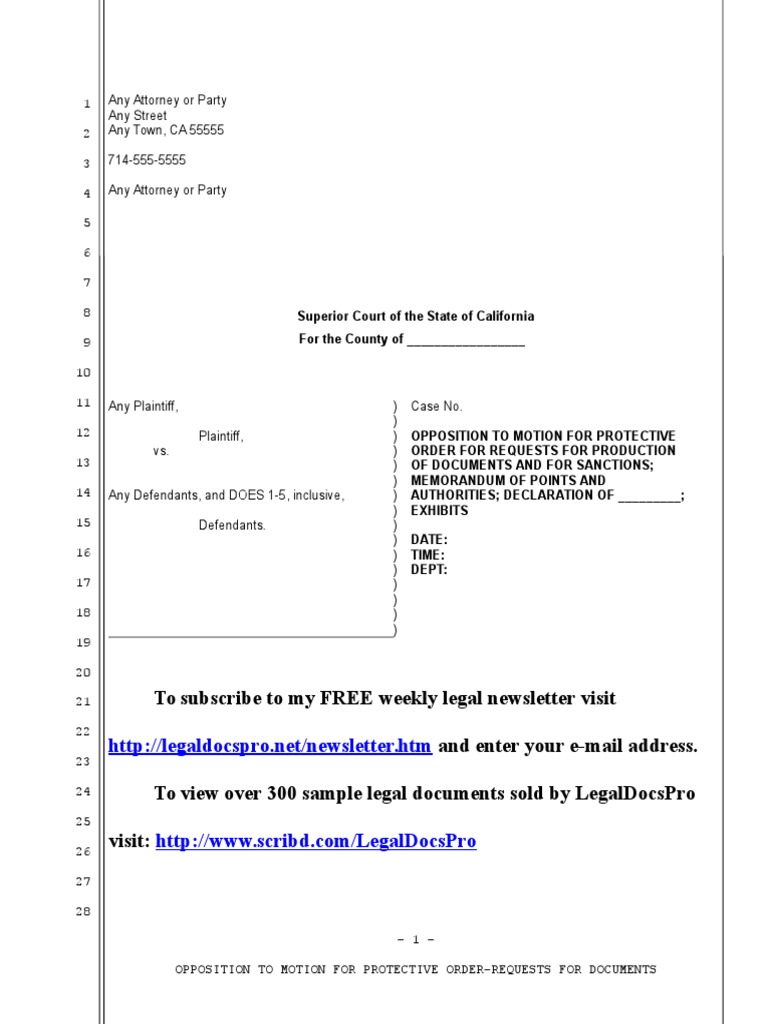 Opposition to Protective Order in CA | PDF | Discovery (Law) | Complaint