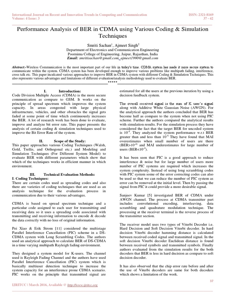 Performance Analysis of BER in CDMA Using Various Coding & Simulation Techniques | PDF