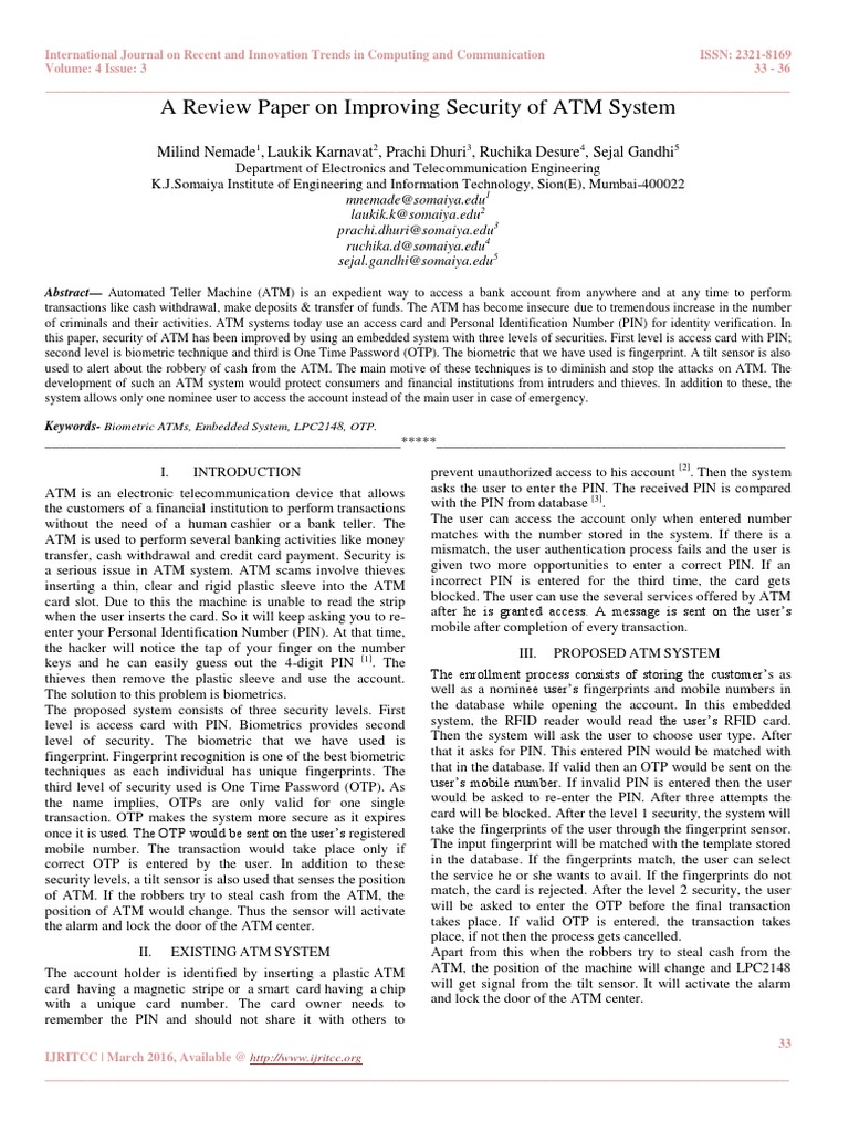 A Review Paper On Improving Security of ATM System | PDF | Personal Identification Number ...