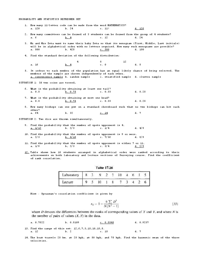 Probability and Statistics Refresher Set | PDF | Probability | Standard ...