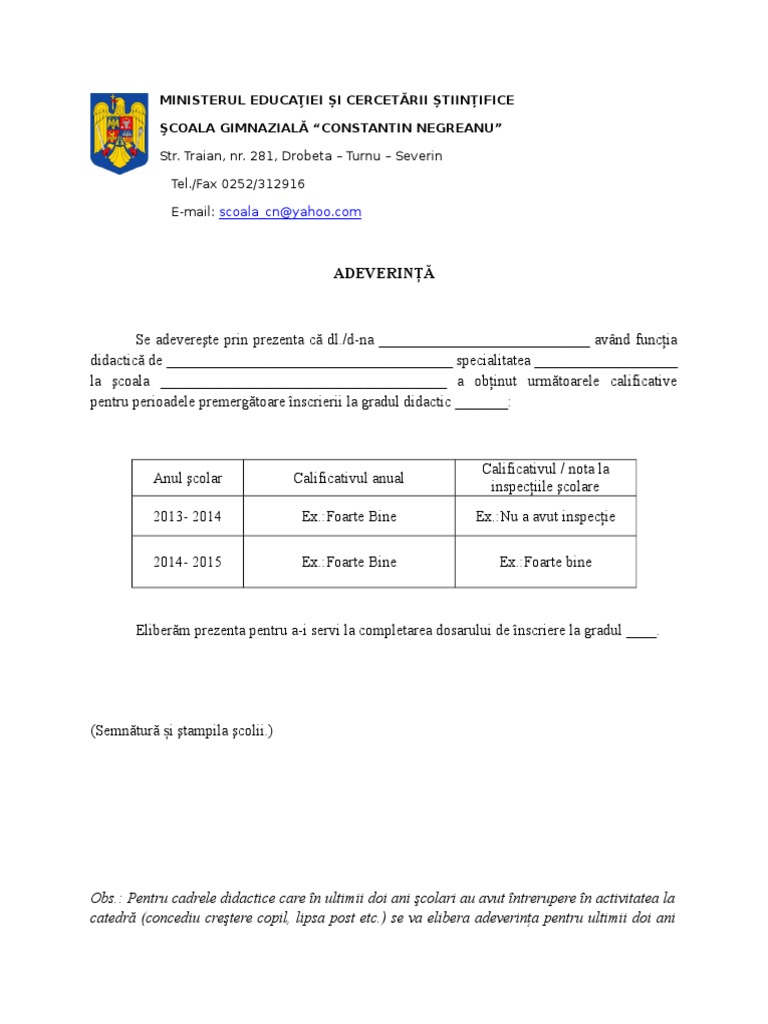 Model Adeverinta Calificative | PDF