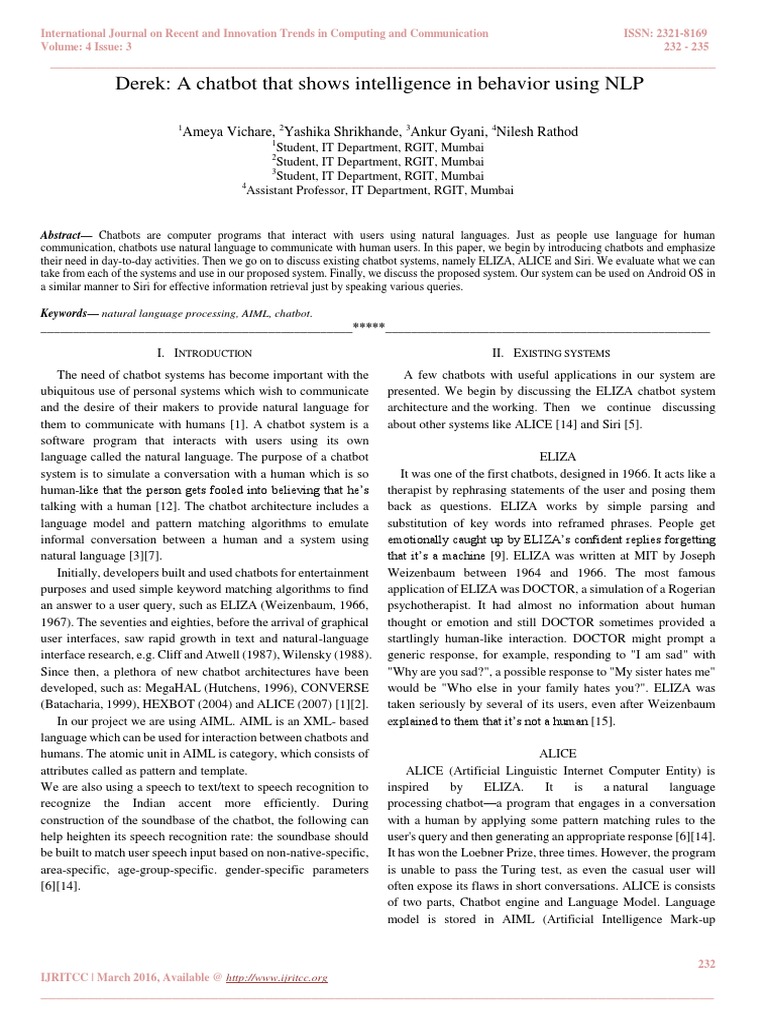 Derek: A Chatbot That Shows Intelligence in Behavior Using NLP | PDF ...