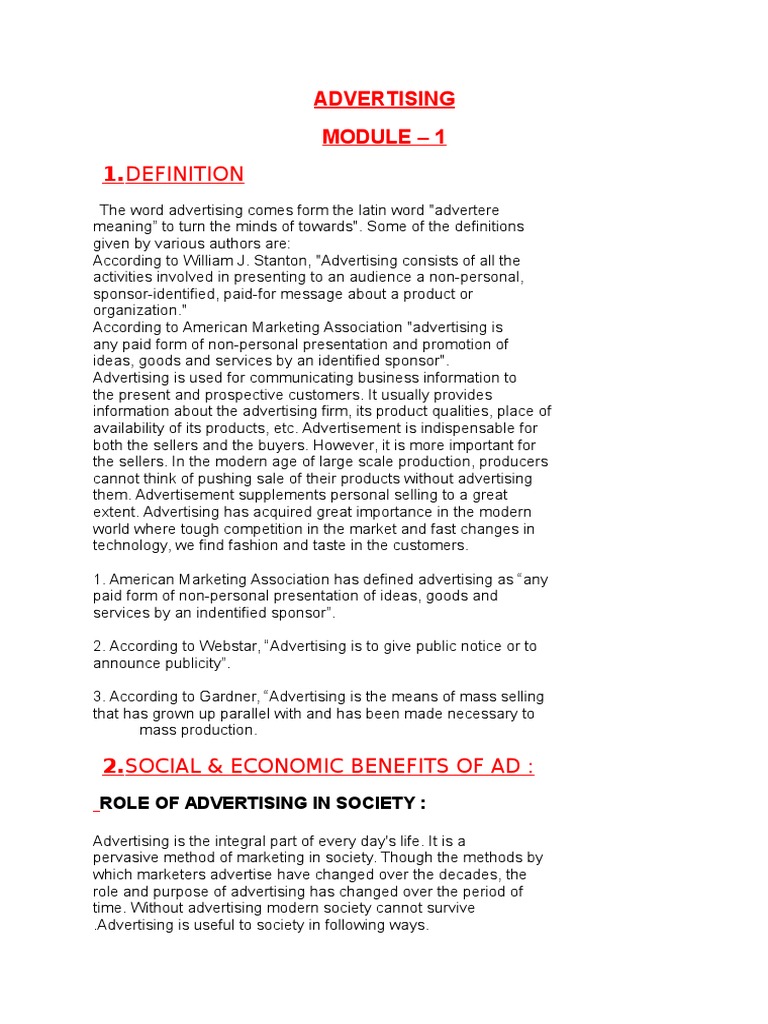 Advertising Module - 1 1.: Role of Advertising in Society | PDF ...