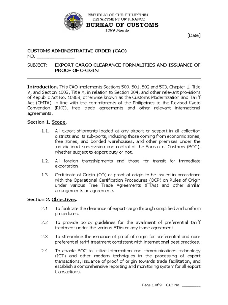 Draft BOC Order on Export Cargo Clearance Formalities and Issuance of ...