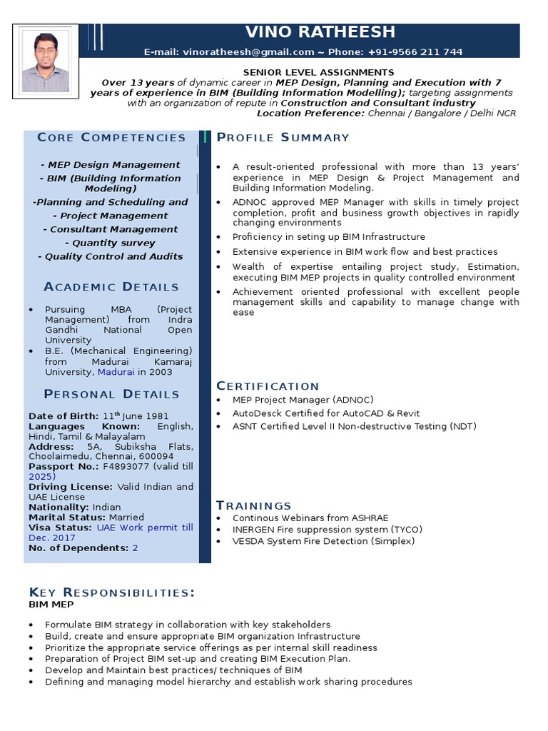 Vino Resume BIM Manager N | PDF | Building Information Modeling ...