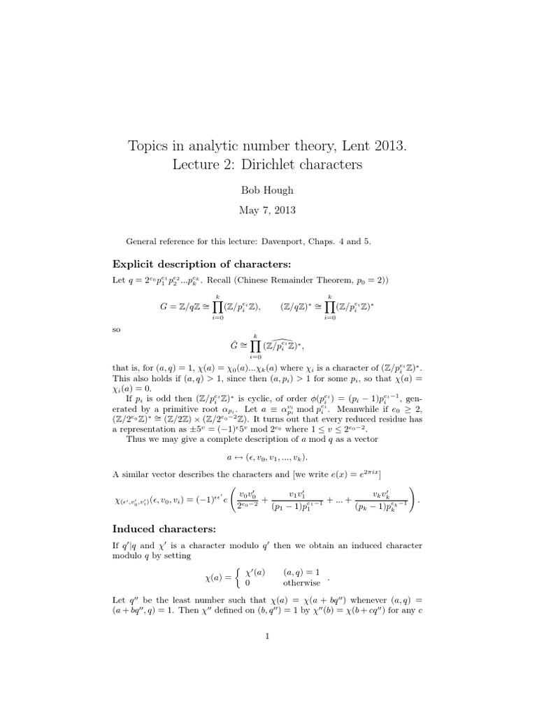 Topics in Analytic Number Theory, Lent 2013. Lecture 2: Dirichlet Characters | Download Free PDF ...