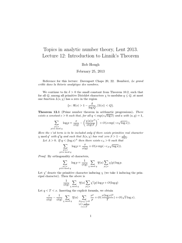 Topics in Analytic Number Theory, Lent 2013. Lecture 12: Introduction To Linnik's Theorem | PDF ...