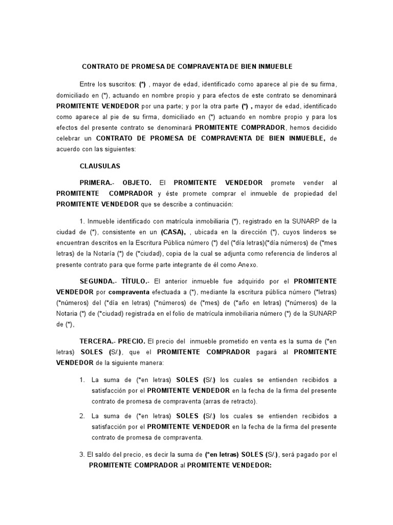Contrato De Promesa De Compraventa De Bien Inmueble Pdf