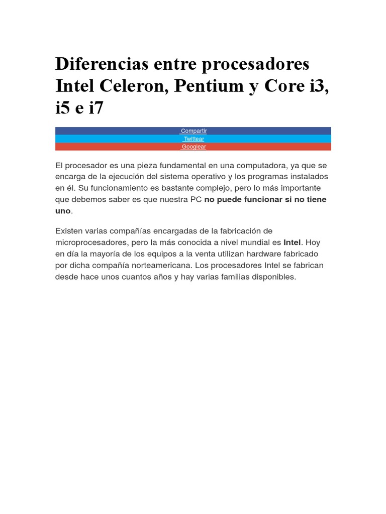 Diferencia Entre Procesadores Intel Celeron, Pentium | PDF
