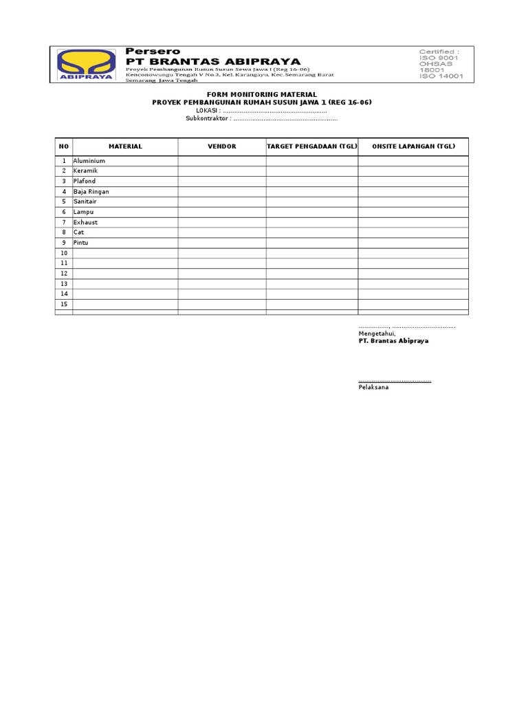 Form Monitoring Target Pengadaan Material | PDF