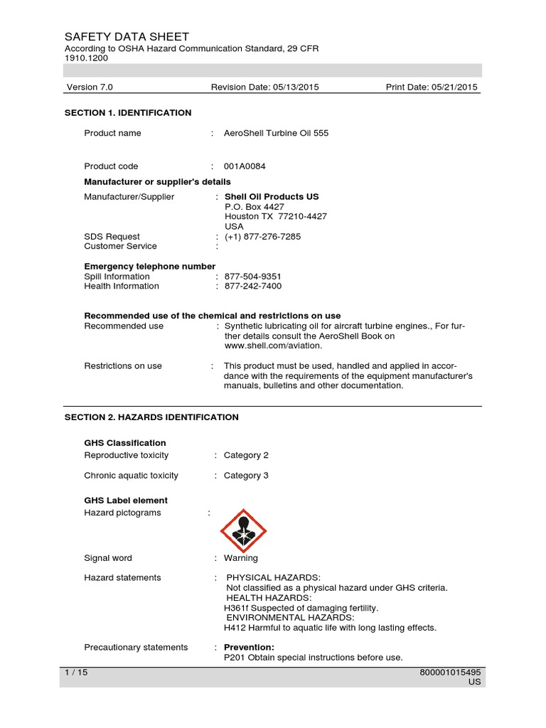 AeroShell 555 Turbine Oil MSDS | PDF | Personal Protective Equipment ...