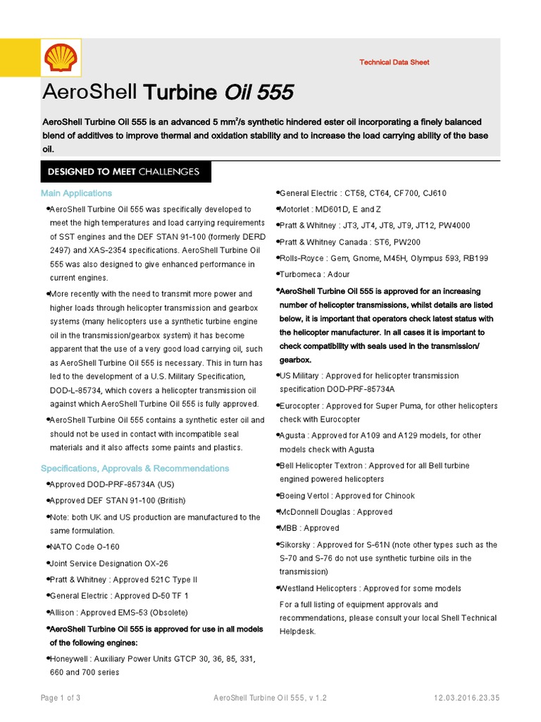 AeroShell 555 Turbine Oil TDS - SkySupplyUSA | PDF | Motor Oil | Gas ...