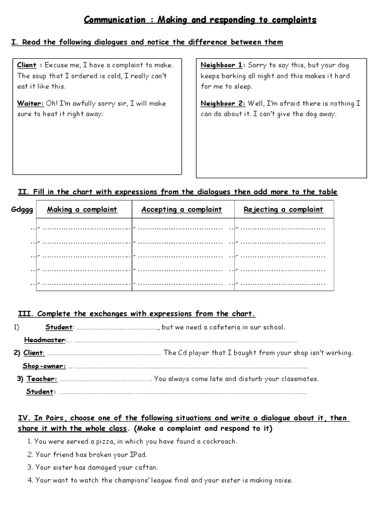 Making and Responding To Complaints WORKSHEET | PDF