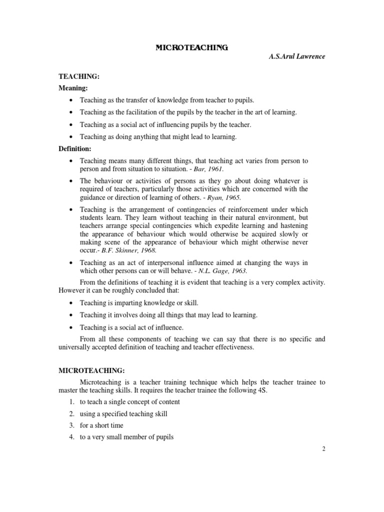 Microteaching: Teaching: Meaning | PDF | Teachers | Learning