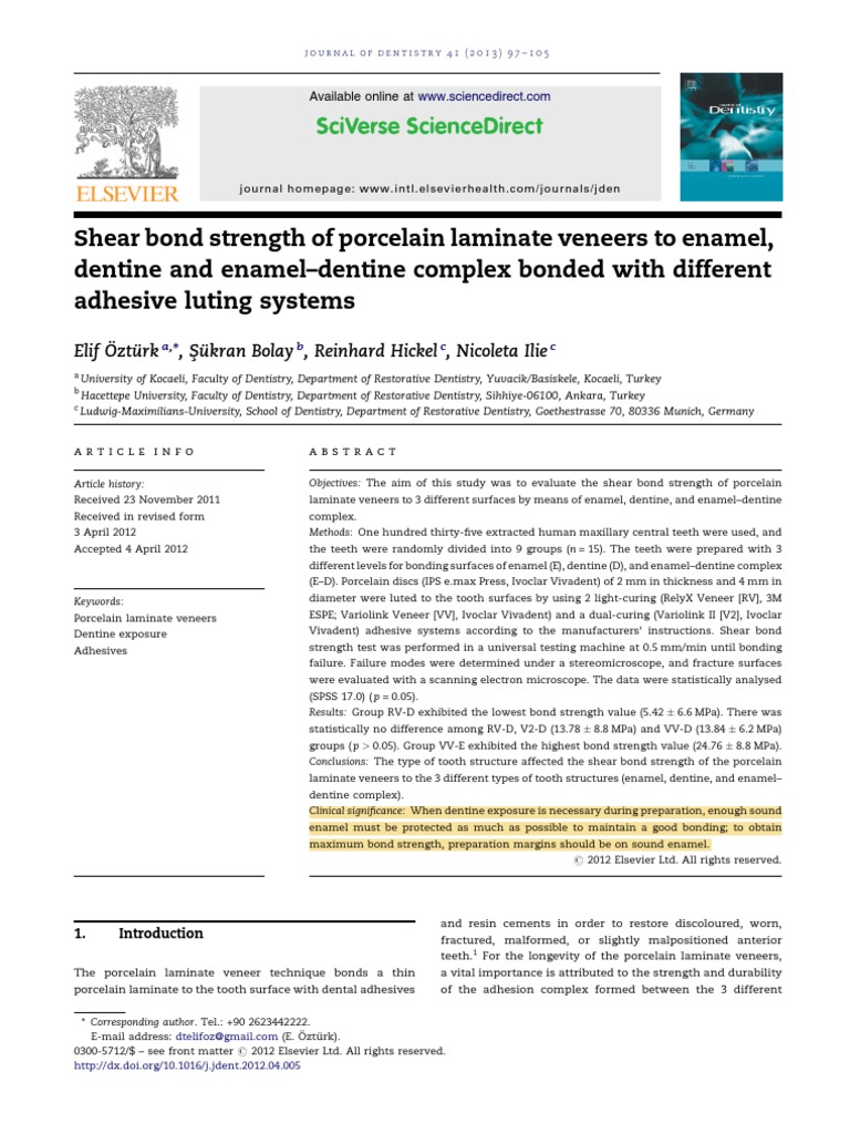 Shear Bond Strength of Porcelain Laminate Veneers To Enamel, Dentine ...