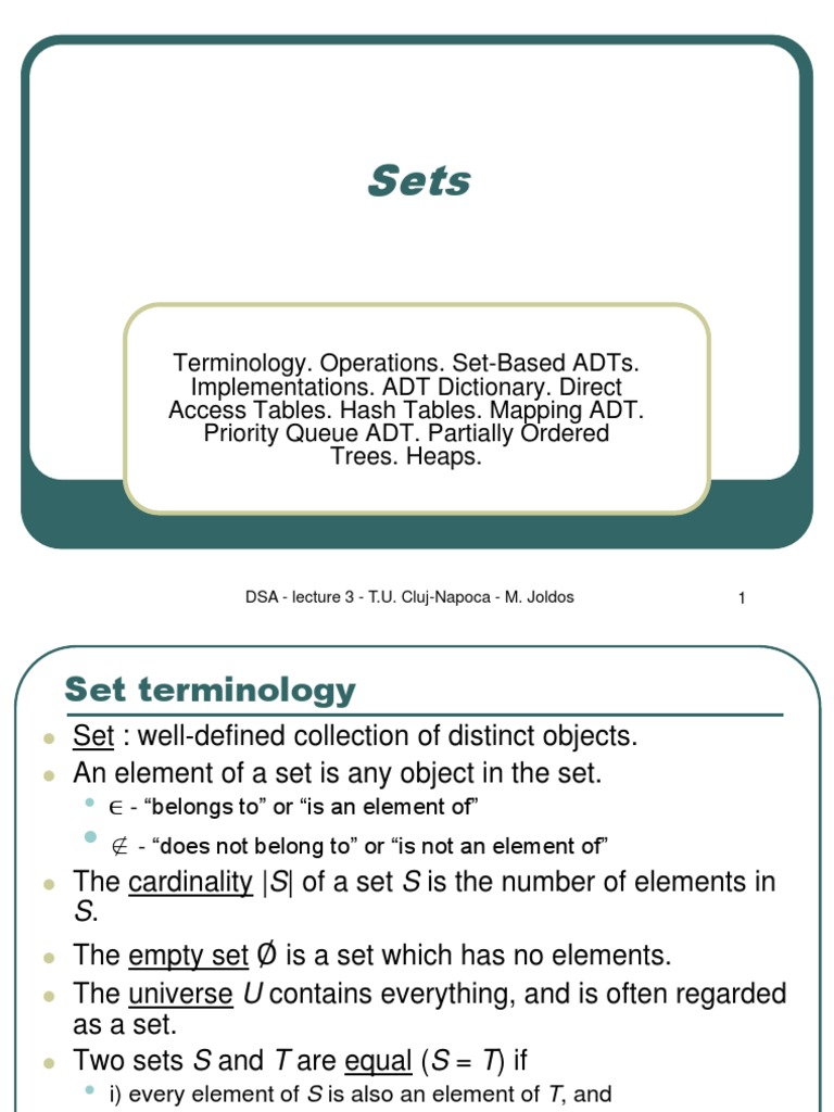 Terminology Operations Set Based Adts Implementations Adt Dictionary Direct Access Tables