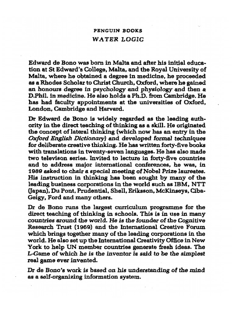 Edward de Bono - Water Logic | PDF | Perception | Logic