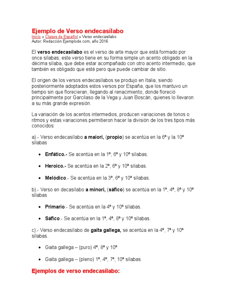 Análisis del verso endecasílabo: origen, tipos y ejemplos | PDF