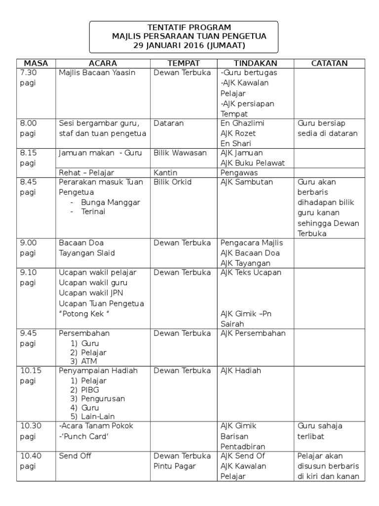 TENTATIF PROGRAM Majlis Persaraan Pengetua | PDF