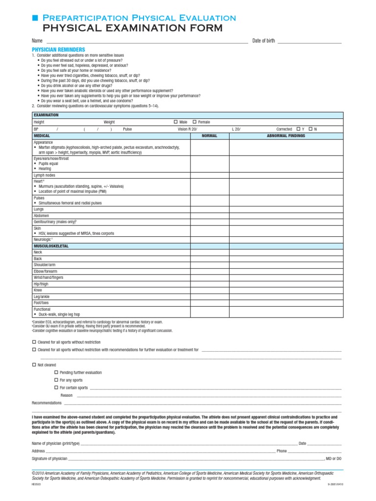 PPE Physical Exam Form Single Page | PDF | Physician | Physical Examination