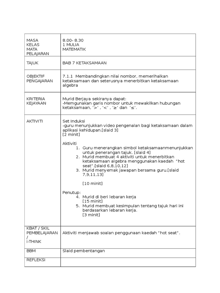RPH Ketaksamaan Linear Bab 7 | PDF