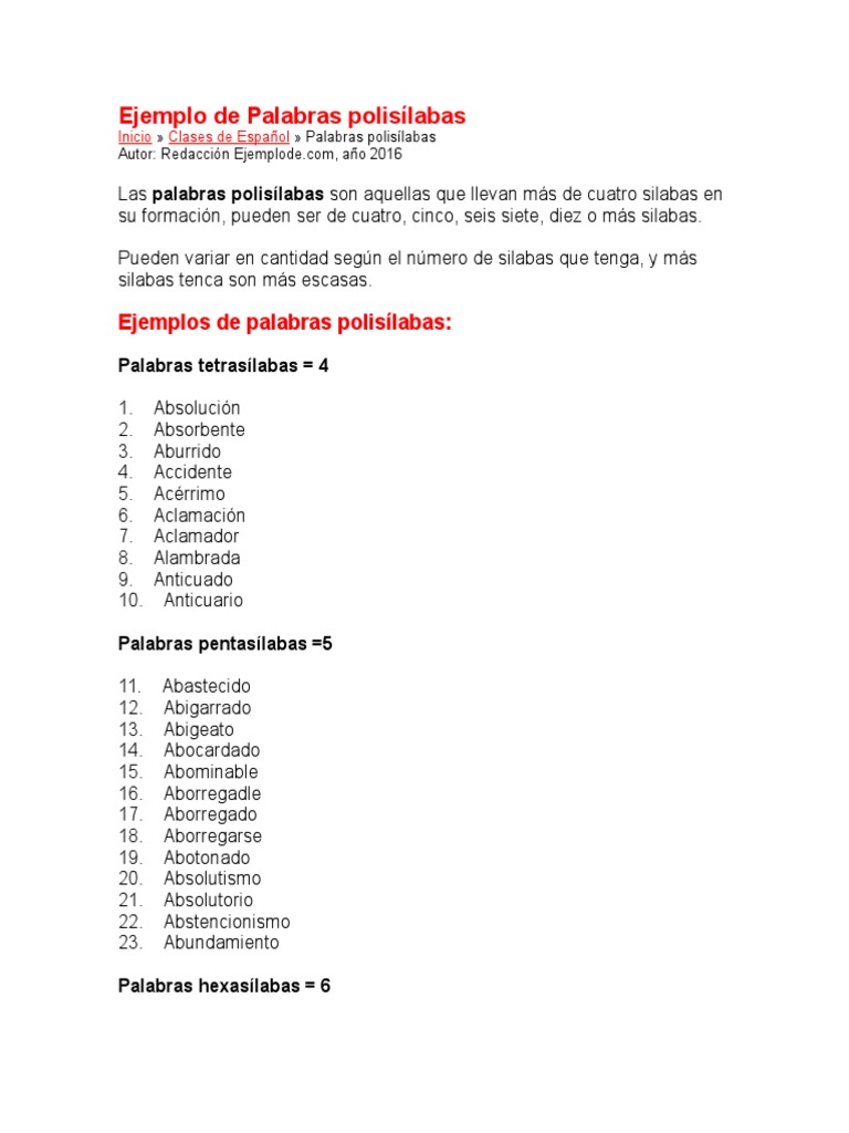 Ejemplo de Palabras Polisílabas | PDF