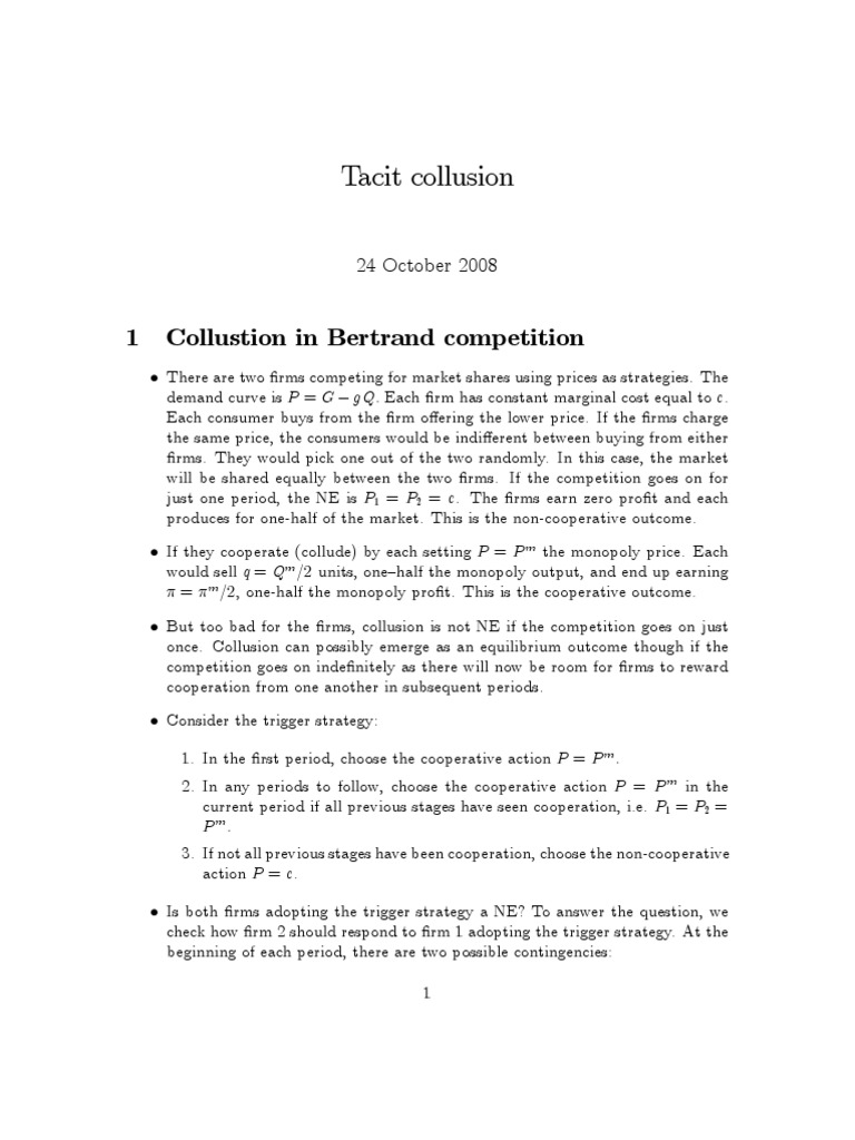 Tacit Collusion: 1 Collustion in Bertrand Competition | PDF | Business ...