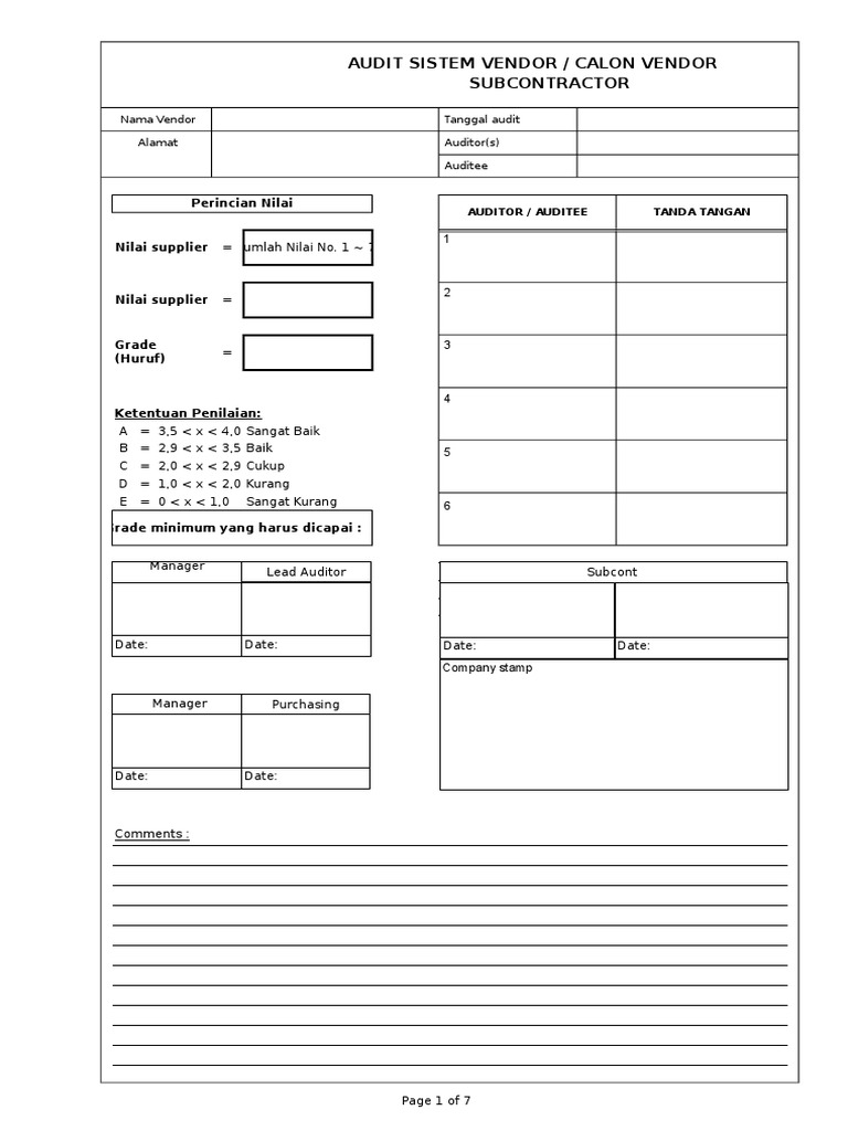 CheckSheet Audit Supplier | PDF