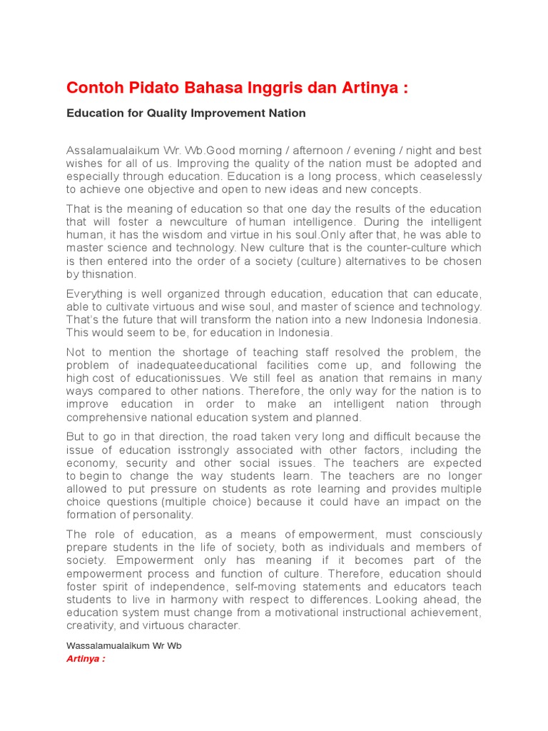 Contoh Pidato Bahasa Inggris Dan Artinya | PDF