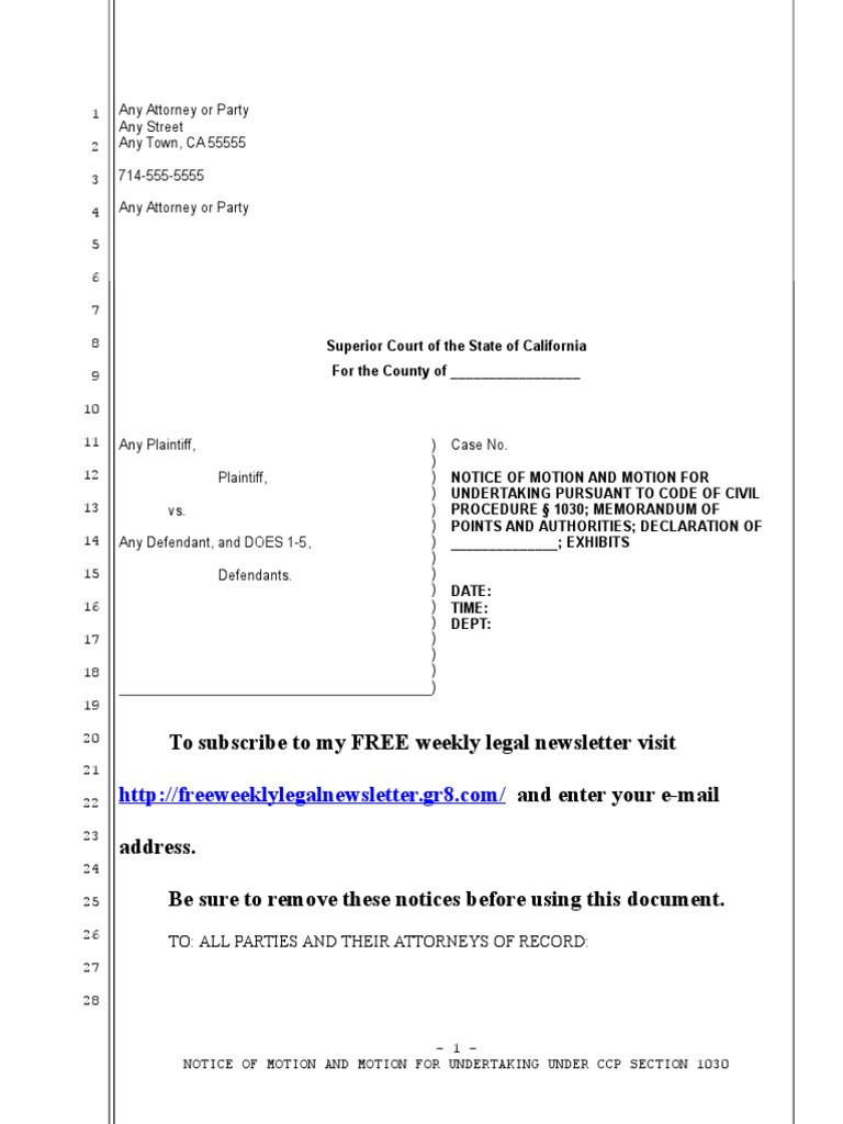 Sample Motion for Undertaking Under Code of Civil Procedure section ...