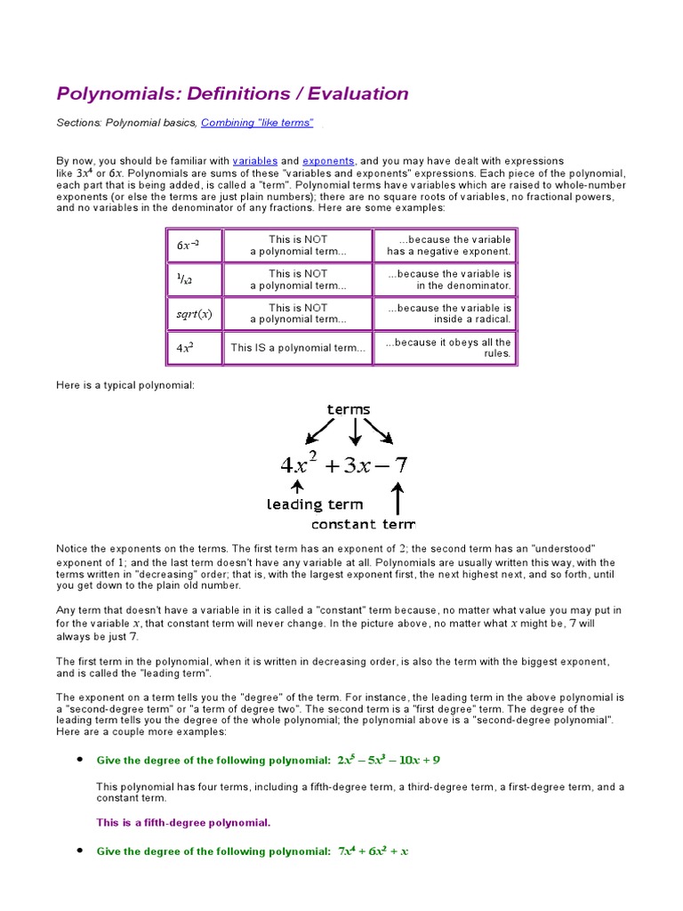 Polynomials: Definitions / Evaluation: Sections: Polynomial Basics ...