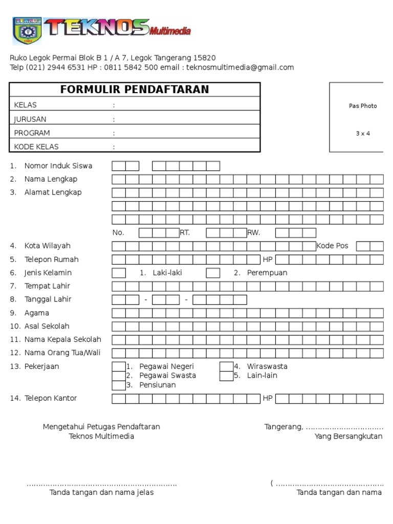 Formulir Pendaftaran Bimbel Teknos Multimedia | PDF