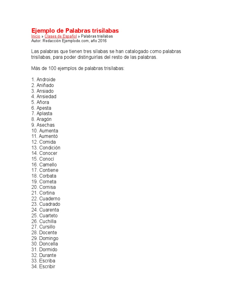 Ejemplo de Palabras Trisílabas | PDF