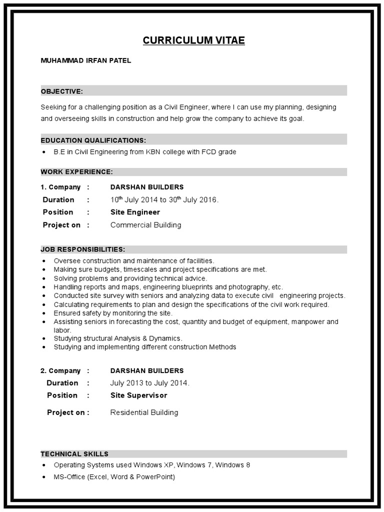 Sample - CV For Civil Engineer | PDF | Engineering | Civil Engineering