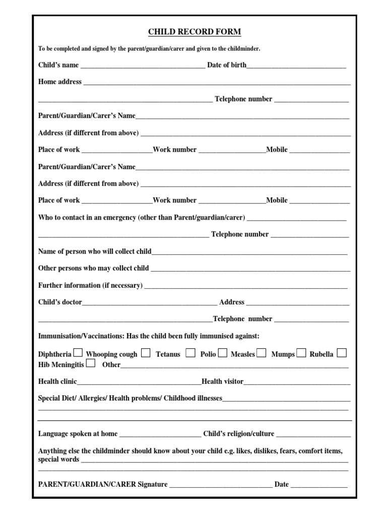 Child Record Form for Childminders | PDF