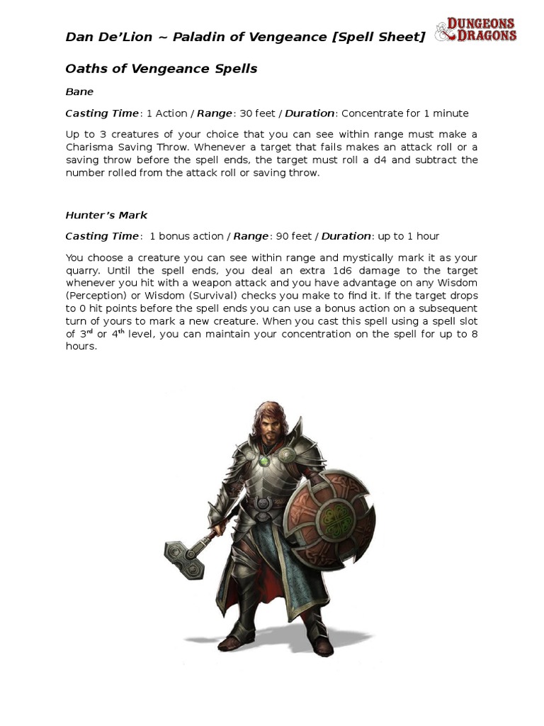 Dan De'Lion Paladin of Vengeance (Spell Sheet) Oaths of Vengeance ...