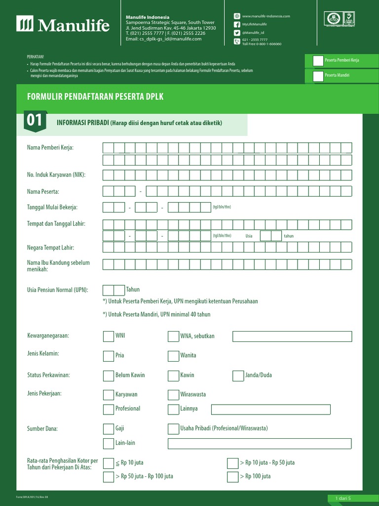 Formulir Pendaftaran Peserta DPLK - Manulife | PDF