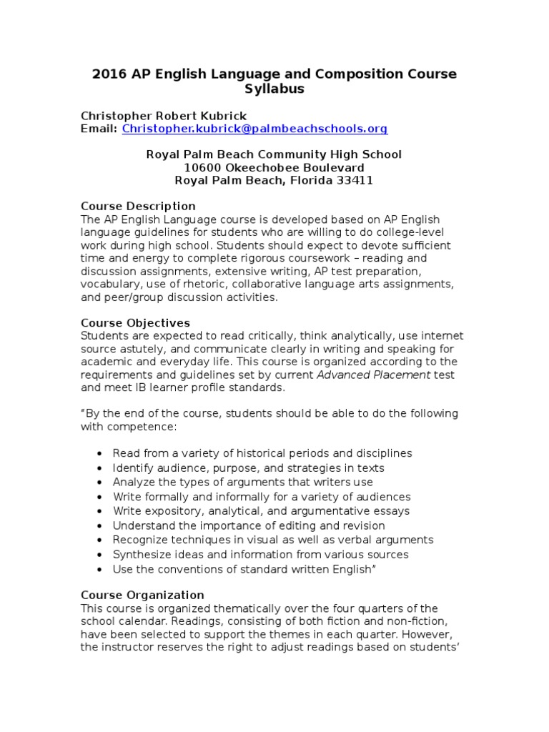 2016 Ap English Language And Composition Course Syllabus PDF