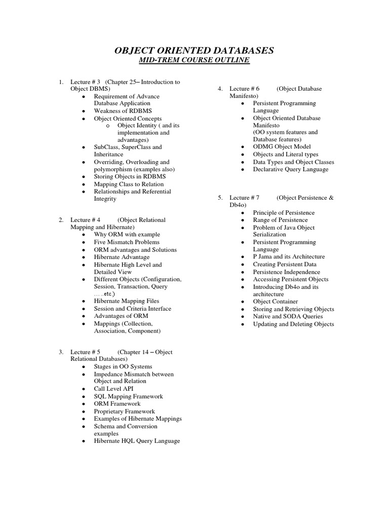 Final Exam Course Outline OODBMS | PDF | Object Relational Mapping | Object (Computer Science)