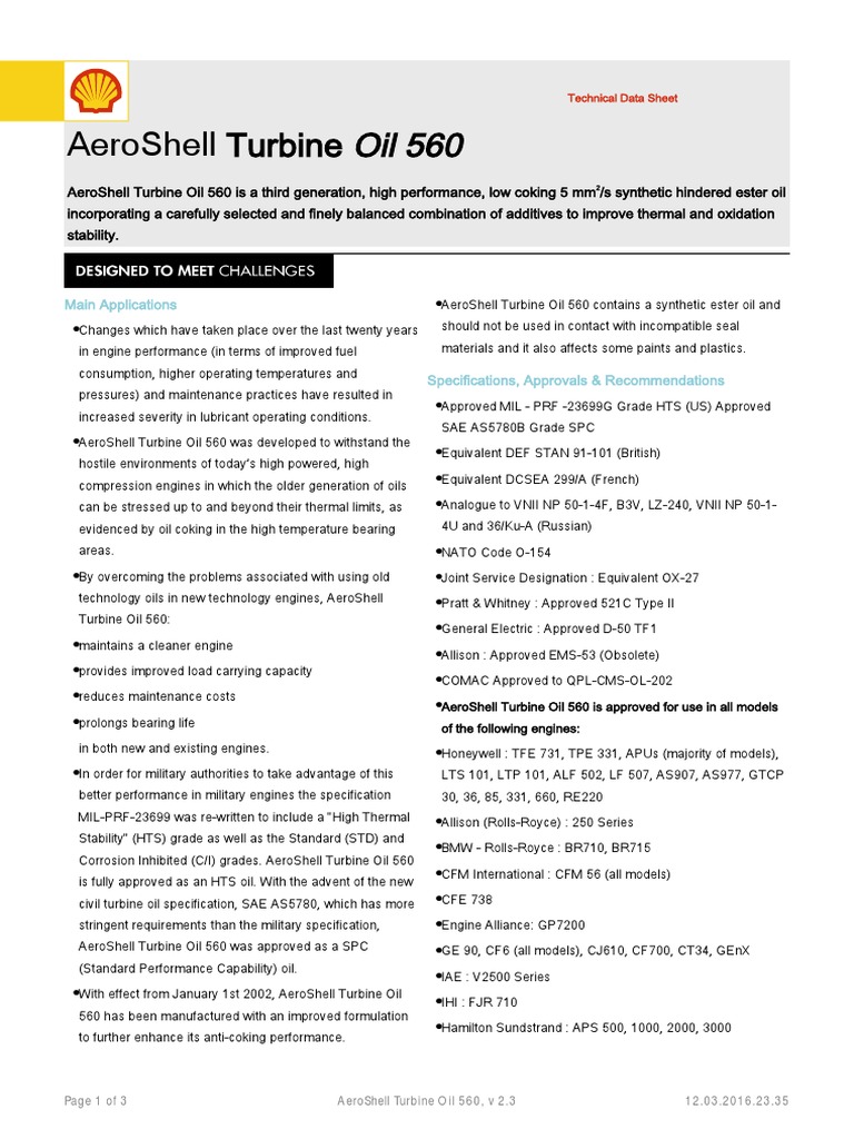 Aeroshell 560 Turbine Oil TDS | Motor Oil | Gas Turbine
