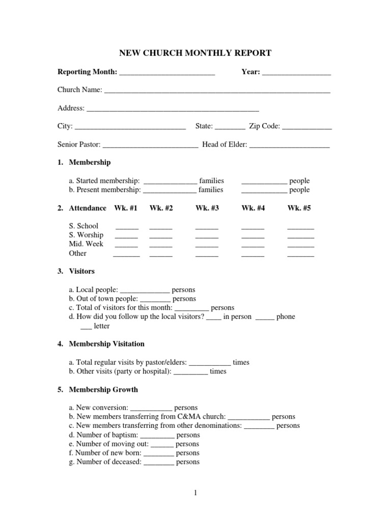 New Church Monthly Report: Reporting Month: - Year | PDF