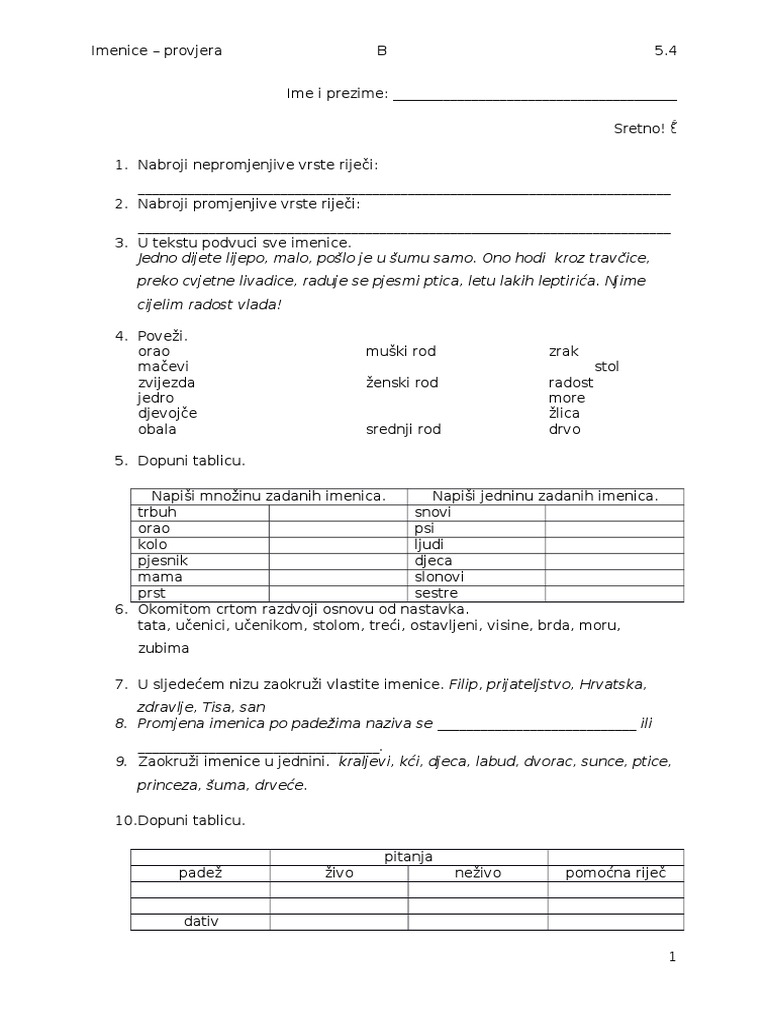 Imenice, 5.razred, Provjera Znanja | PDF