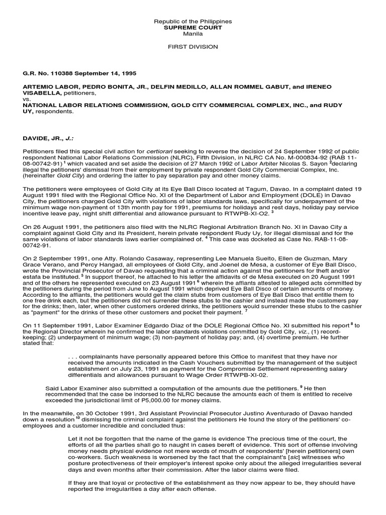 14 .Labor Et Al Vs NLRC and Gold City Commercial Complex, Inc., GR 110388, Sept 14, 1995 ...