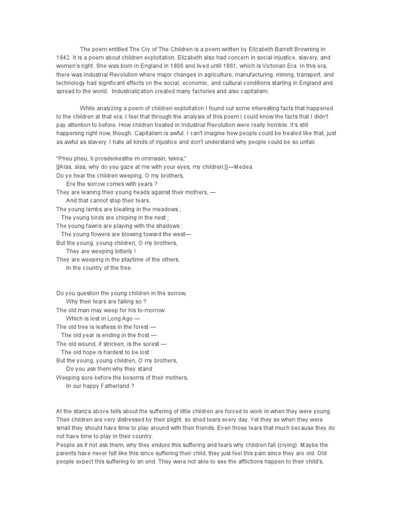 The Poem Entitled the Cry of the Children is a Poem Written by ...